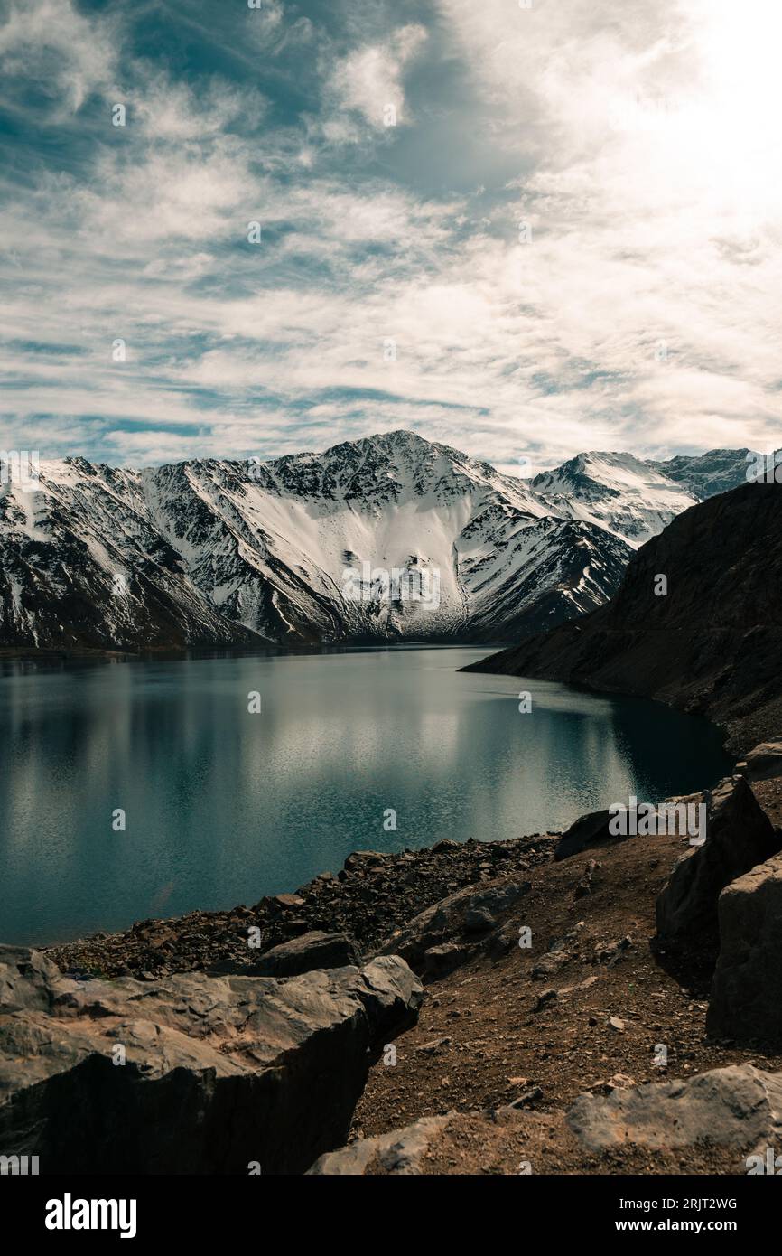 A scenic shot of the beautiful Embalse el Yeso reservoir in Los Andes ...