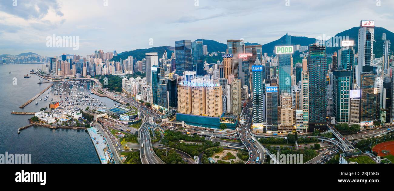 Hong Kong - August 10, 2023: Aerial panorama skyline of Hong Kong island downtown modern ...