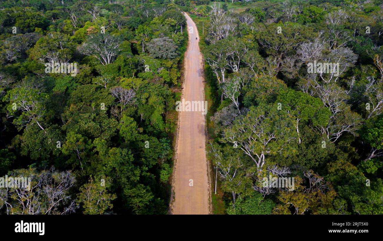 An aerial view of a long road going through the Amazon Jungle Stock ...