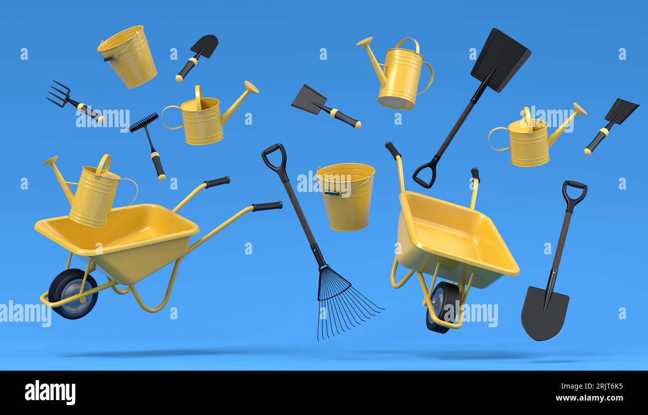 Garden wheelbarrow with garden tools like shovel, rake and fork on blue ...