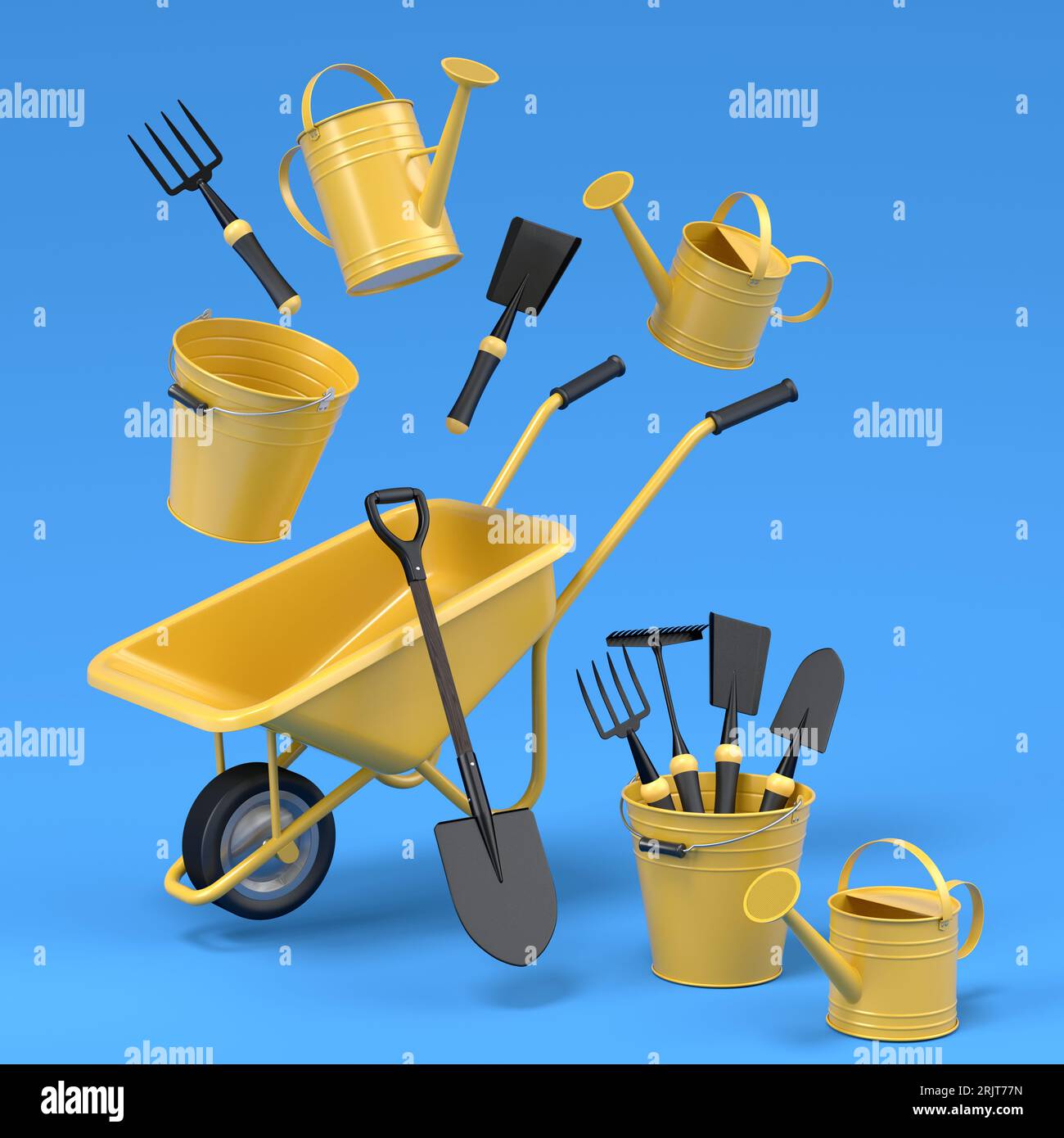 Garden wheelbarrow with garden tools like shovel, rake and fork on blue ...