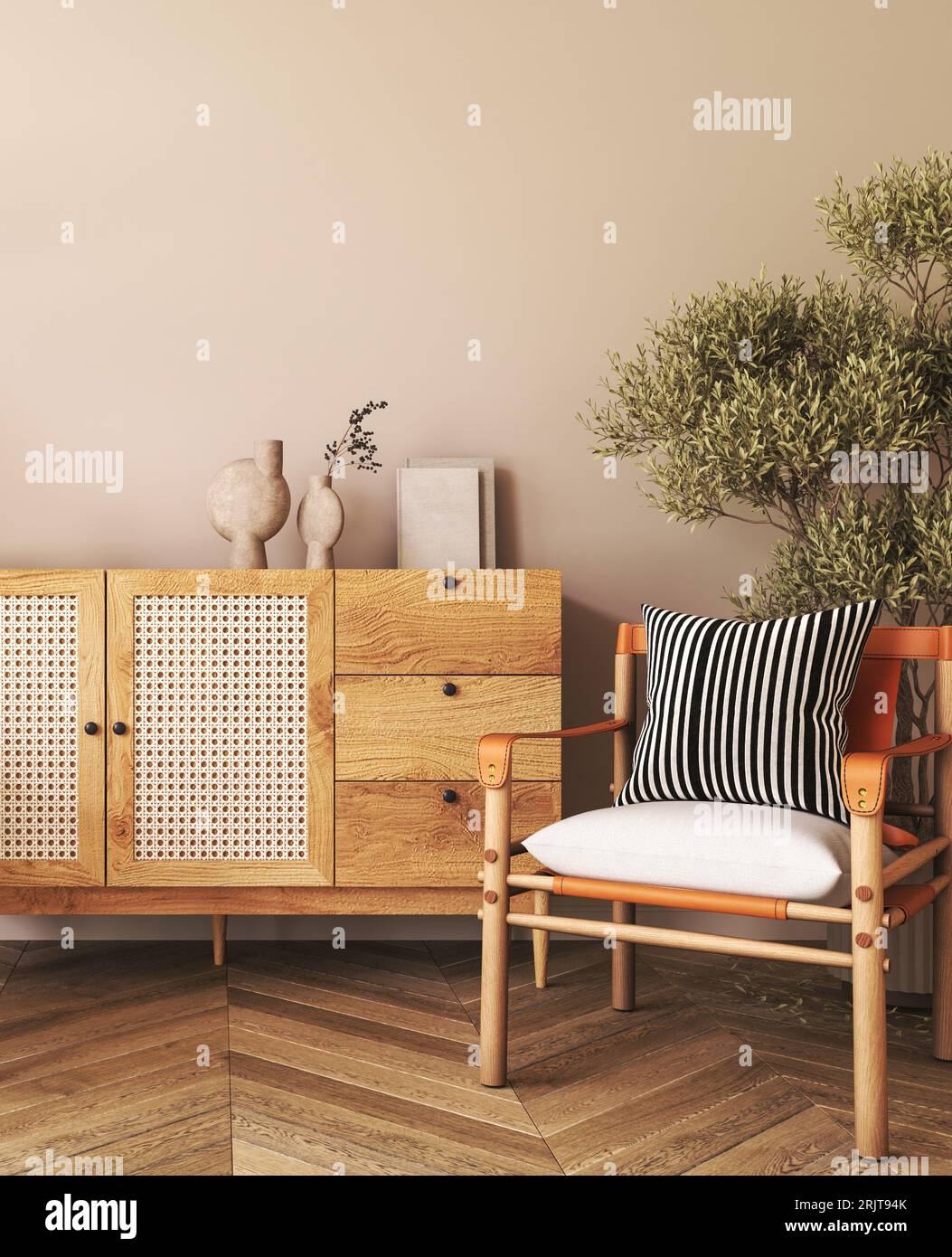 Japanese boho beige interior with armchair and ethnic commode ...