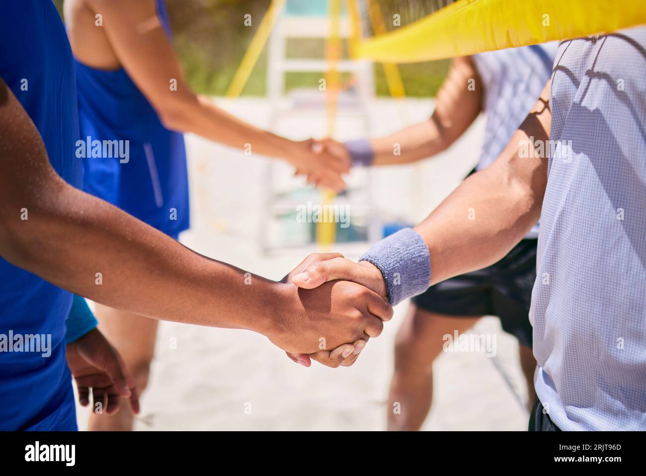 Volleyball, handshake and team at beach in competition, thank you in ...