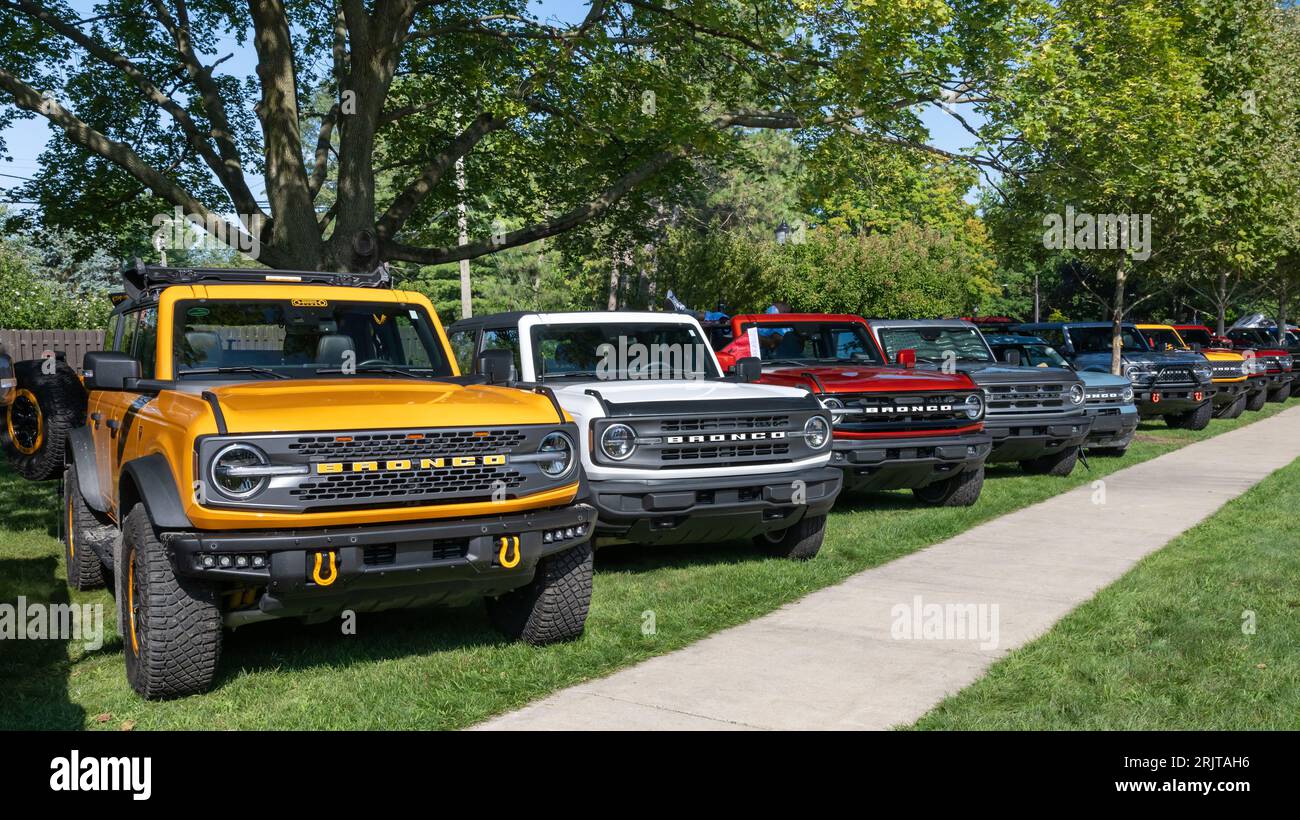 PLEASANT RIDGE, MI/USA - AUGUST 16, 2023: Ford Bronco SUVs at the ...