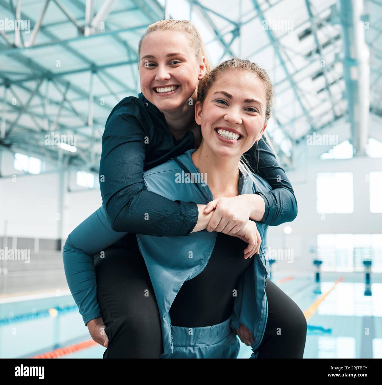 Sports swimming, portrait and happy people piggyback ride, women having ...