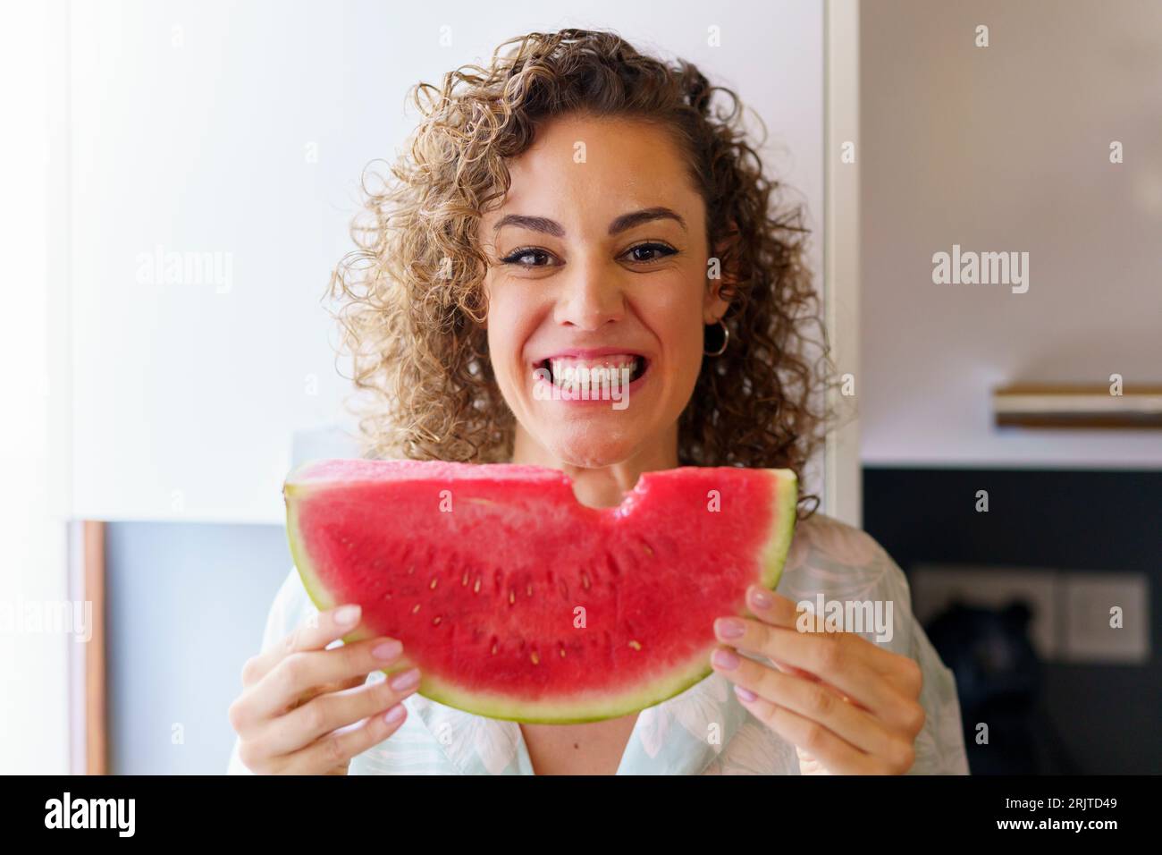 Happy woman looking sliced hi-res stock photography and images - Alamy
