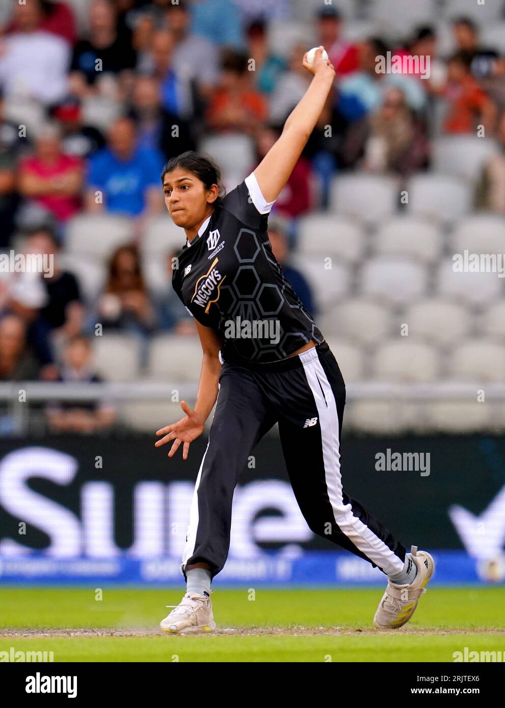 Manchester Originals' Mahika Gaur bowls during The Hundred match at ...