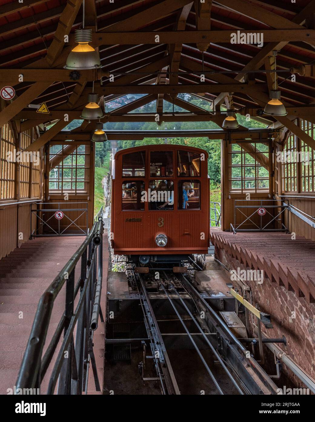 A scenic view of the red Heidelberg funicular at the station Stock ...