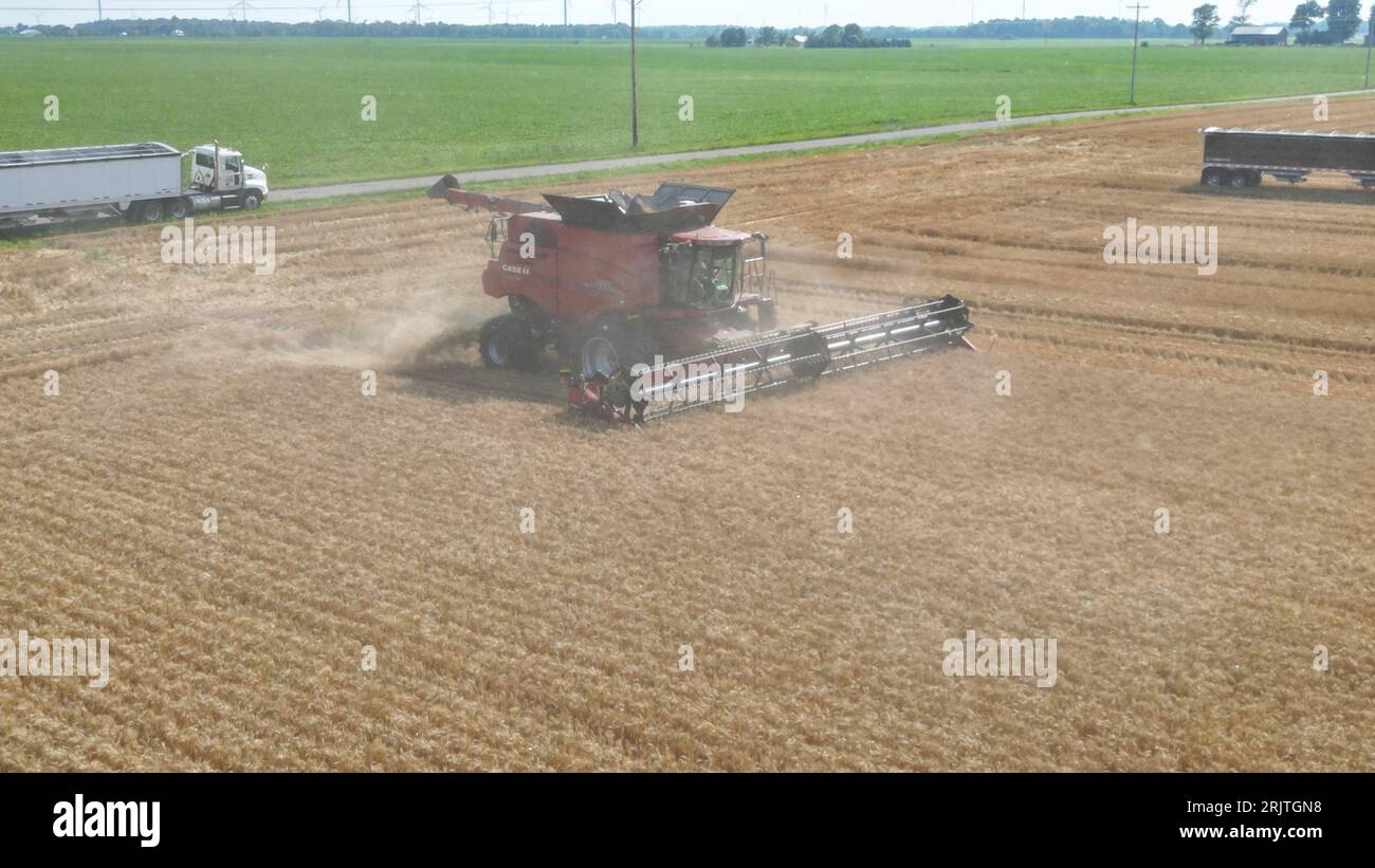 An aerial view of a large, red combine harvester working in a field ...
