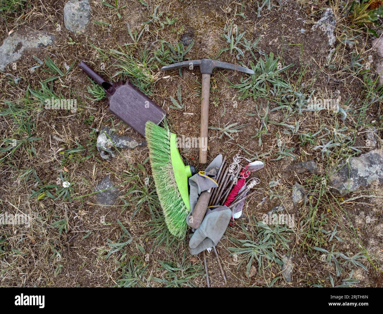 tools in an archaeological excavation. Historical works Stock Photo - Alamy