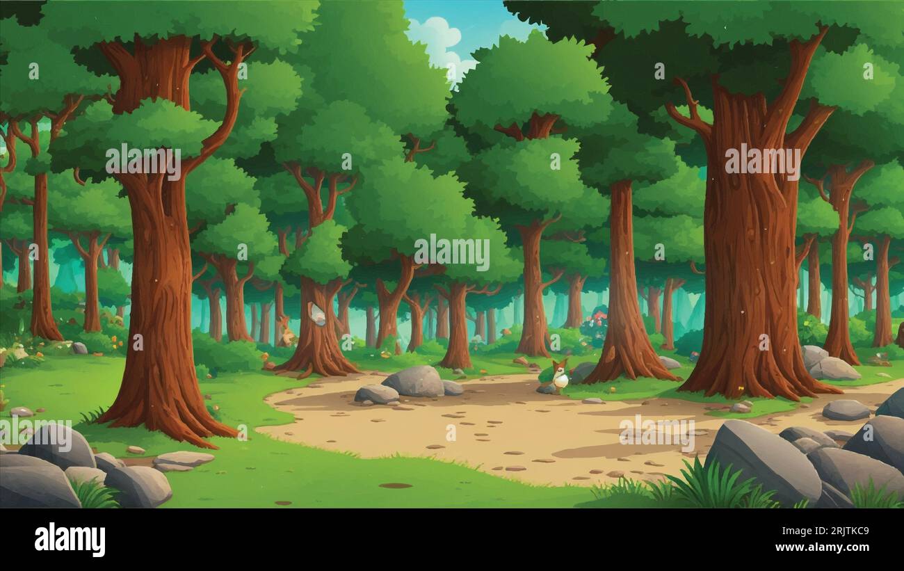 A cartoon forest scene with rocks and trees, background art Stock ...