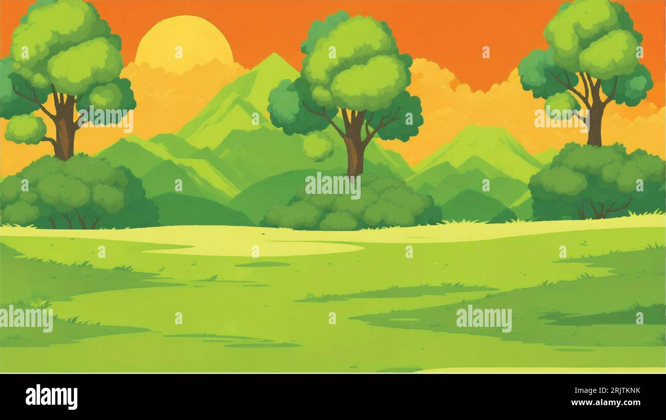 A cartoon landscape with trees and mountains in the background art ...