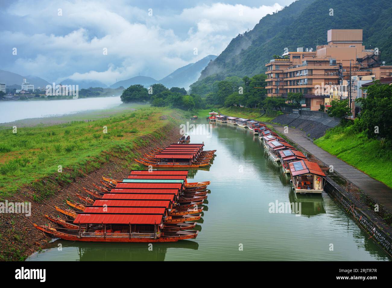 Gifu, Japan with cormorant fishing boats on the Nagara River Stock ...