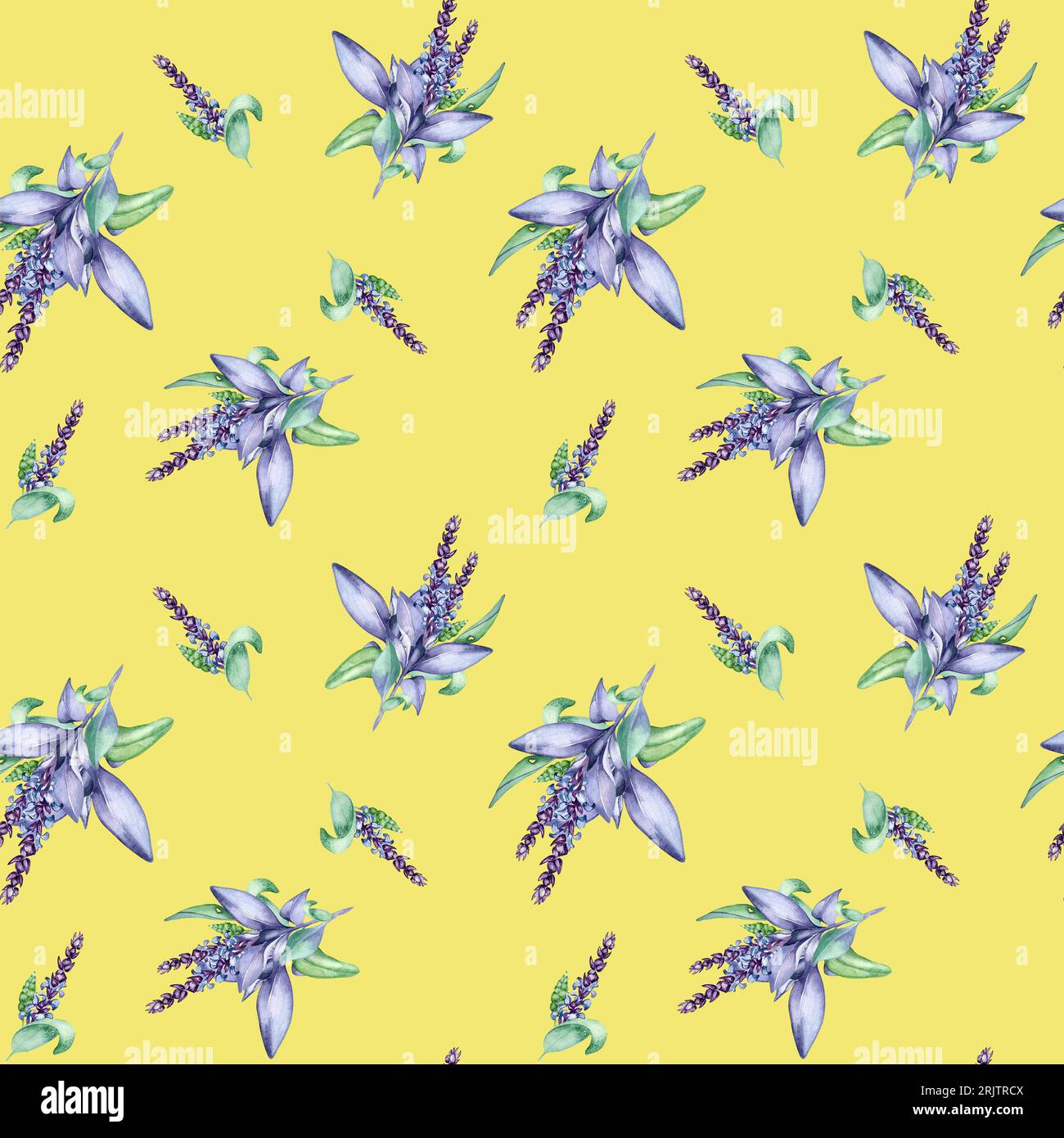 Sage herbal plant watercolor seamless pattern isolated on yellow ...