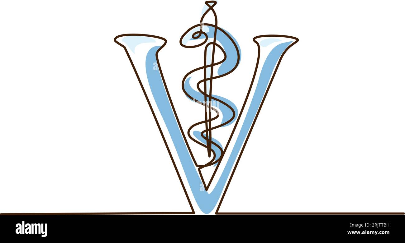 Veterinary symbol - caduceus snake with stick. Continuous one line ...