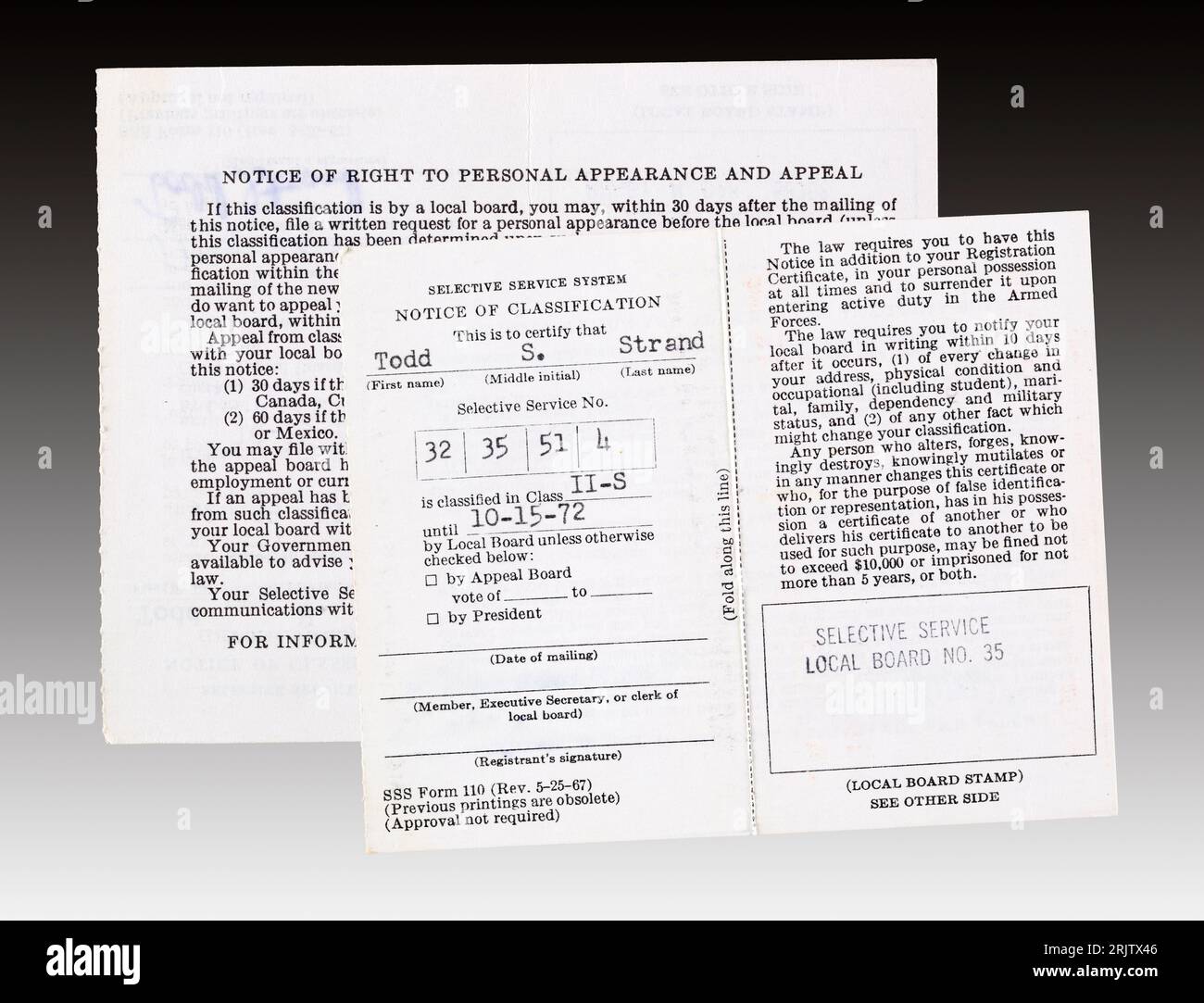 A United States Selective Service System draft card from the Vietnam ...