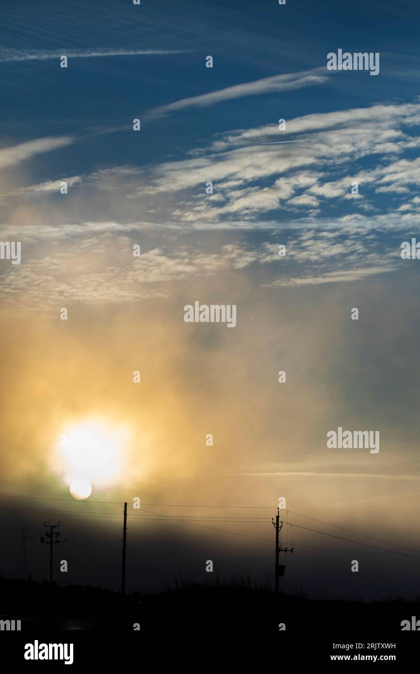 Clear sky and sun above fog on Hartside summit in the North Pennines ...