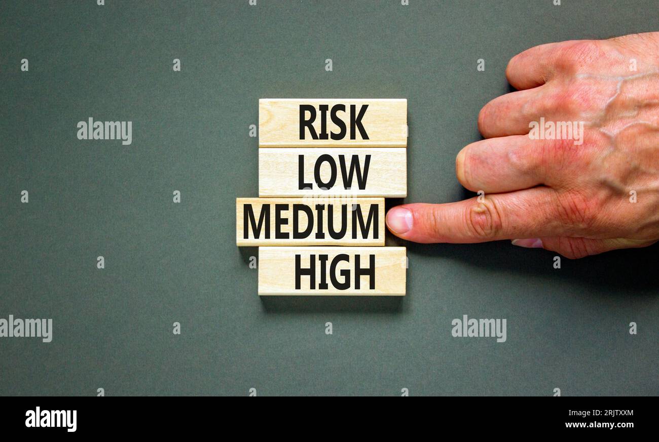 Time to medium risk symbol. Concept word Risk low medium high on wooden ...