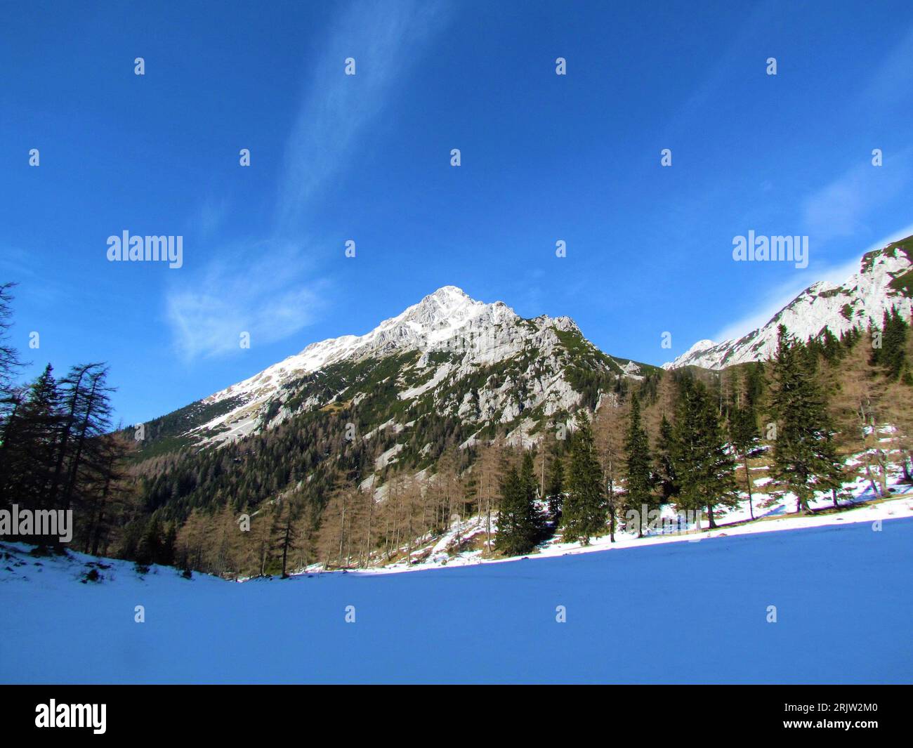 Winter view of mountains Vrtaca in Karavanke mountains in Gorenjska ...