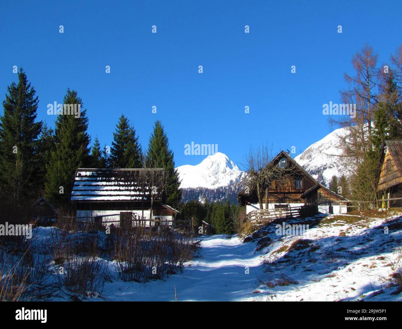 View of the white peak of mountain Triglav covered in snow in Triglav ...