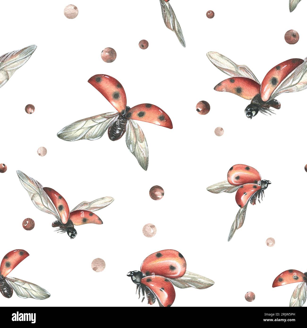 Red ladybugs with black dots flying with berries. watercolor ...