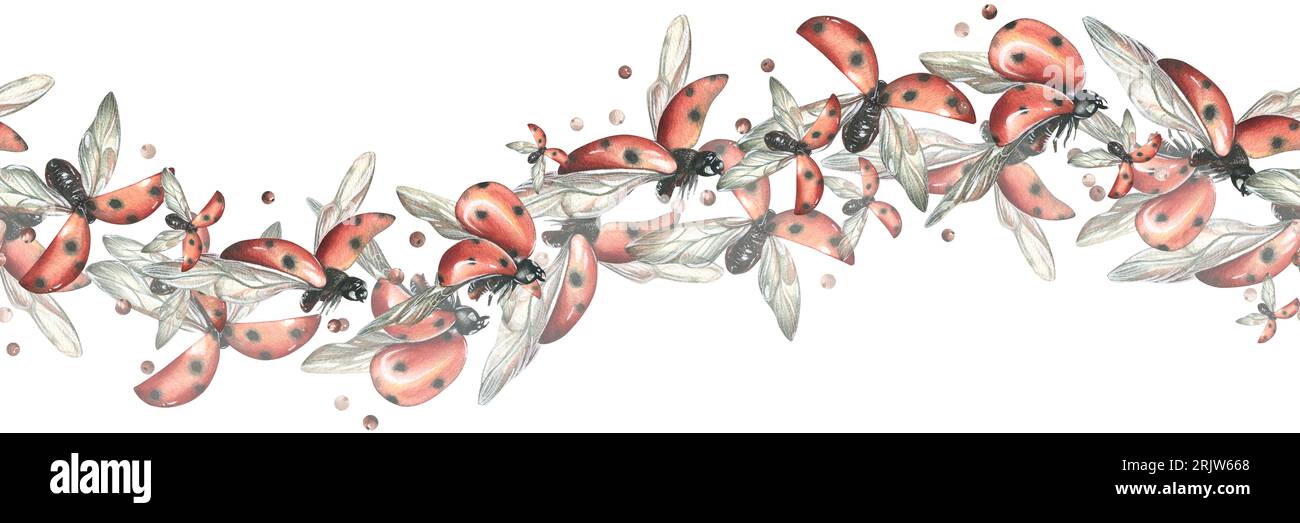 Red ladybugs with black dots flying with berries. watercolor ...