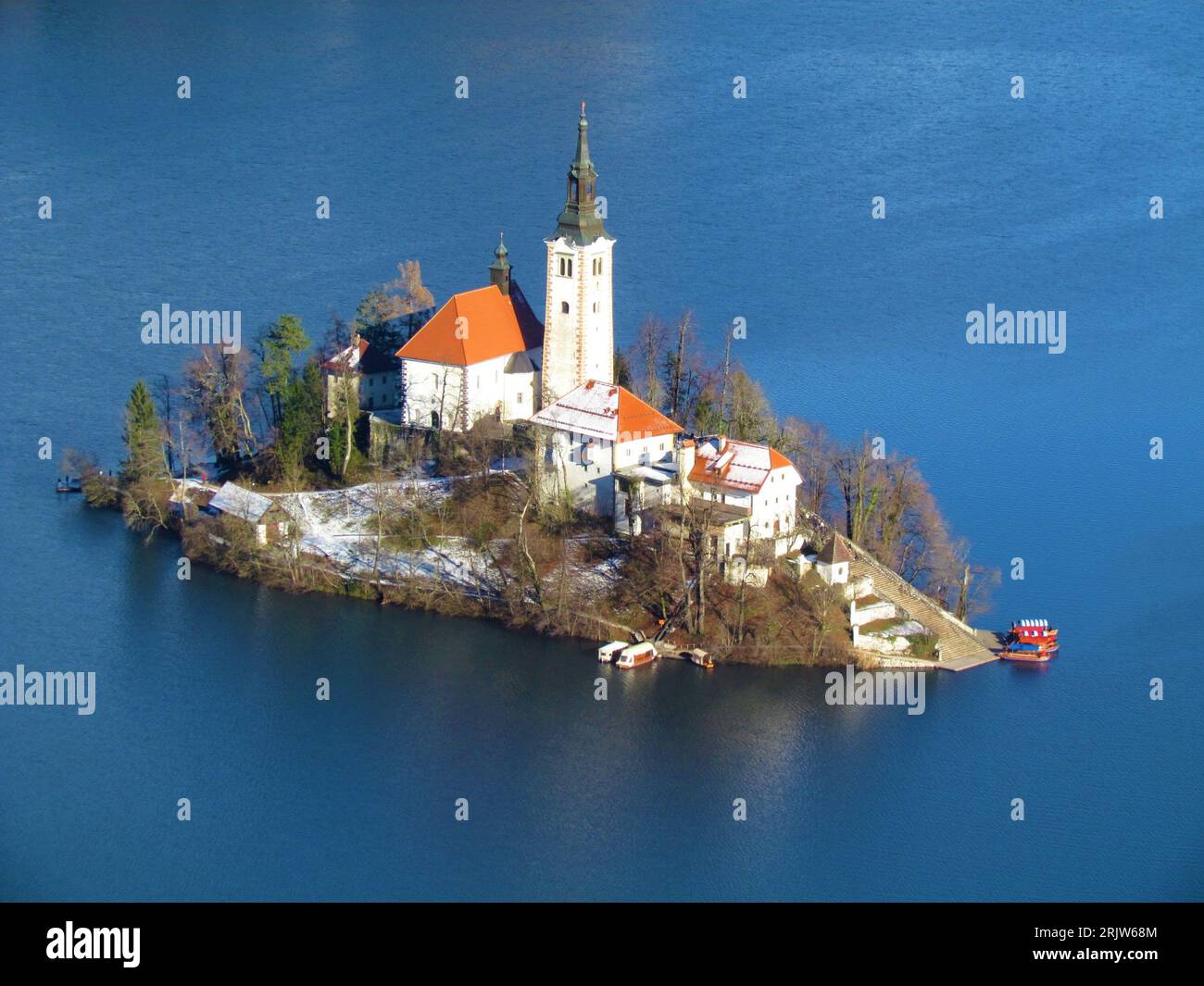 View of a church at the the island on lake Bled in Gorenjska region of ...