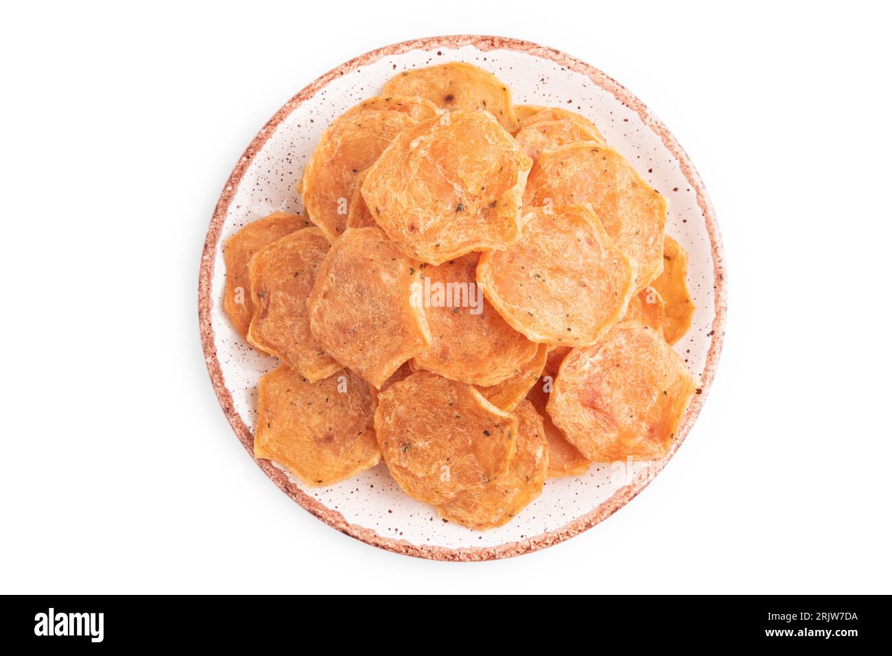 Slices of dehydrated salted meat chips isolated on white background ...