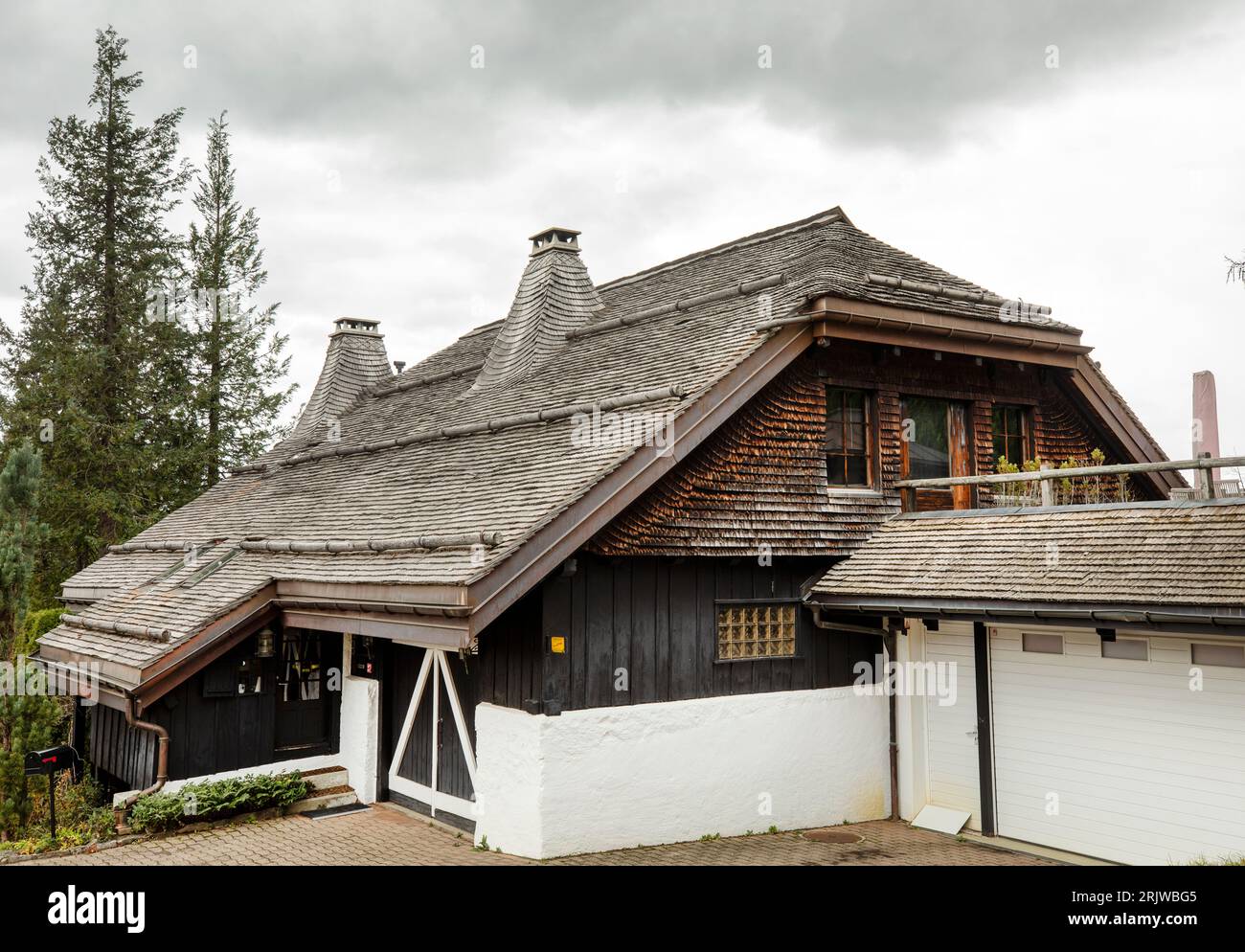 Wooden Chalet or cabin with wood shingleson roof and walls, Montreux ...