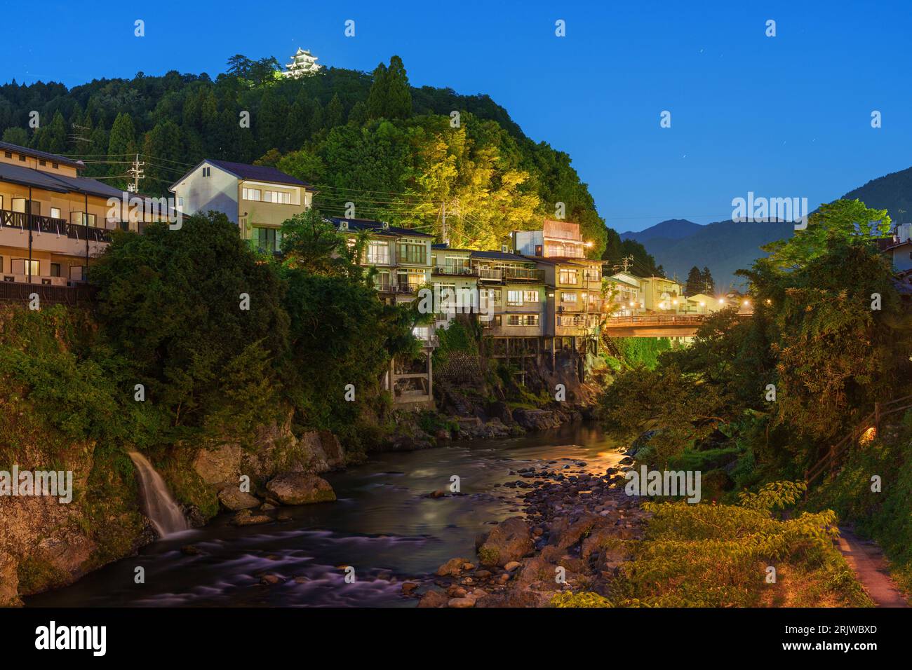 Gujo, Gifu, Japan hot springs onsen town on the Hida River at night ...