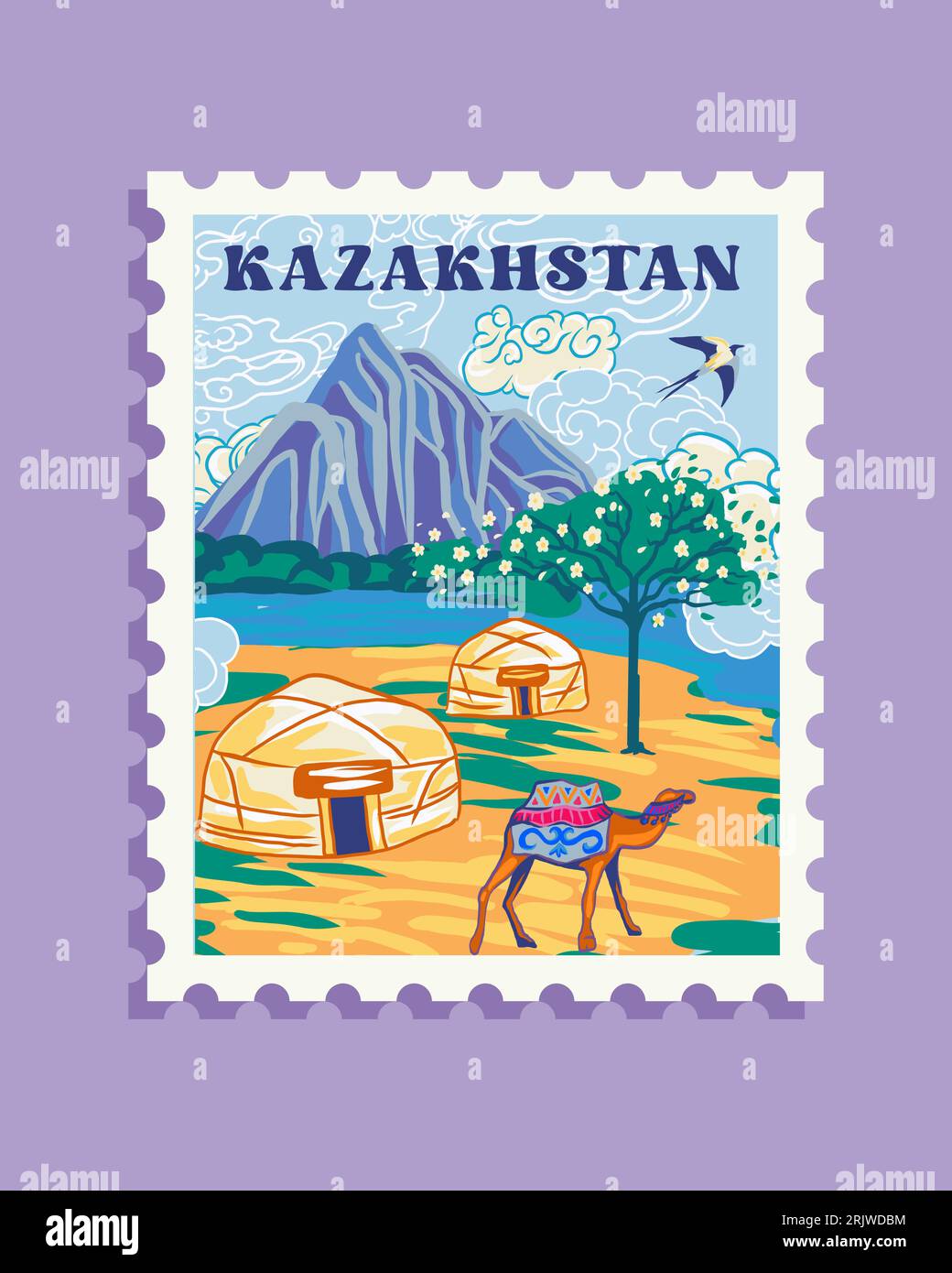 Kazakhstan hand drawn postage stamp, beautiful collection stamp of ...