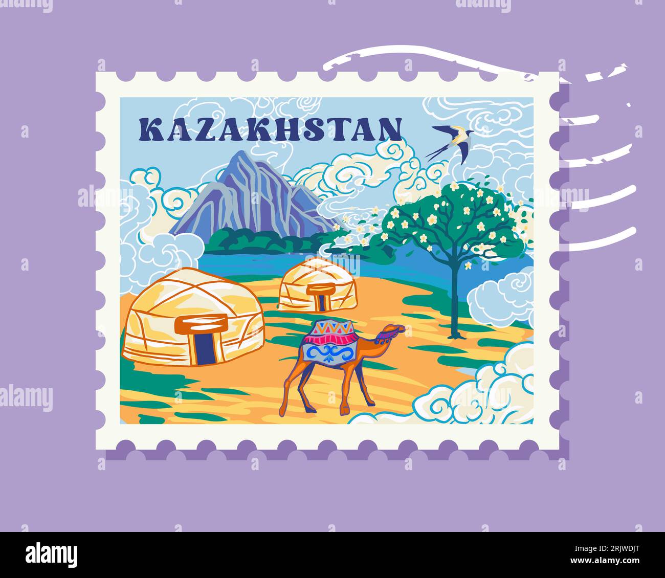 Kazakhstan hand drawn postage stamp, beautiful collection stamp of ...