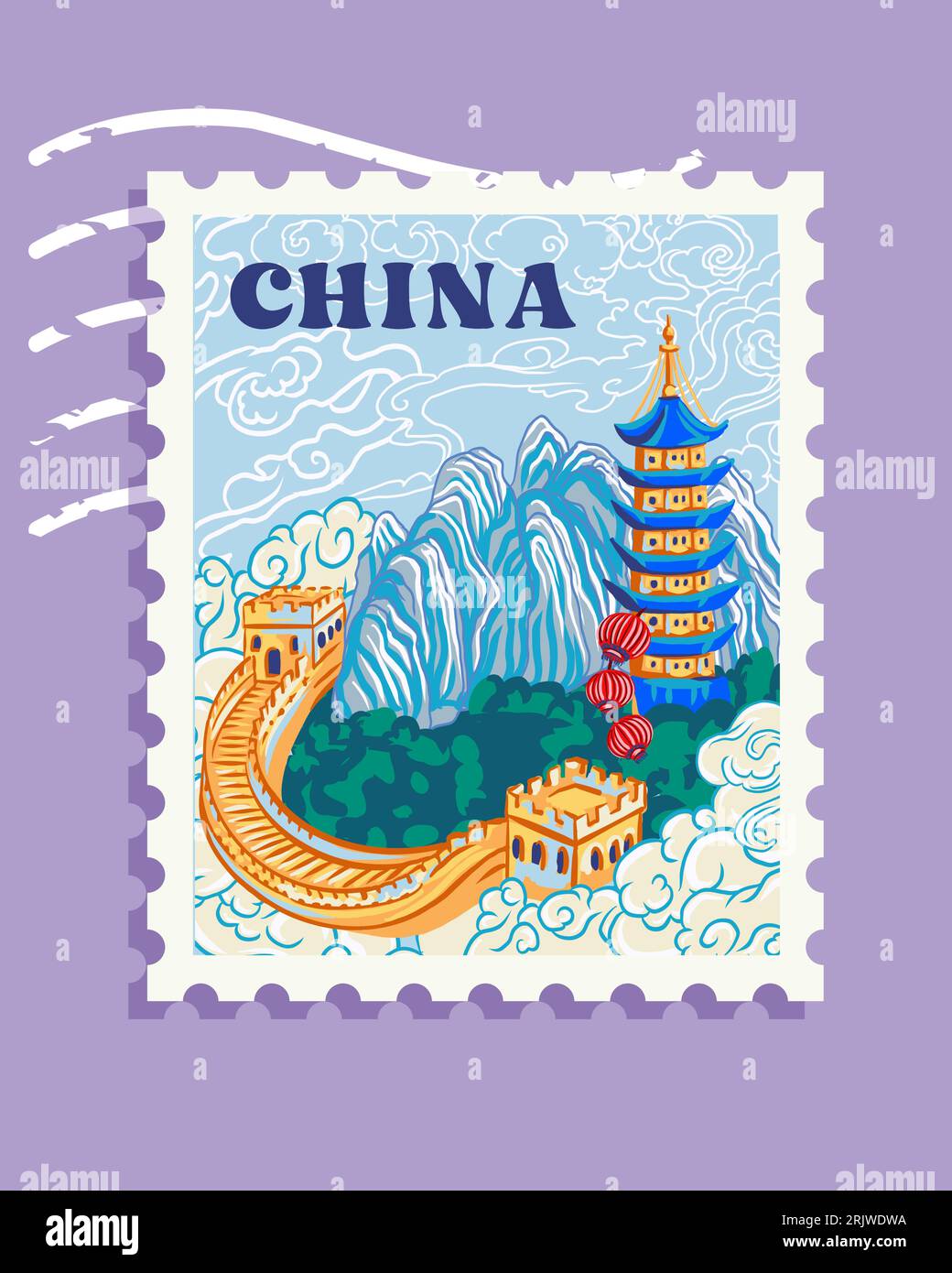Chinese postage stamp, hand drawn, beautiful collection stamp of Asian country, image of China ...