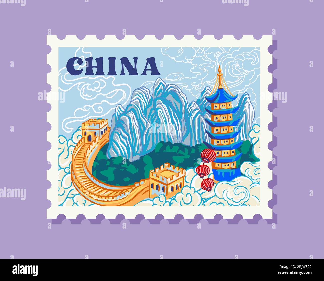 Chinese postage stamp, hand drawn, beautiful collection stamp of Asian ...