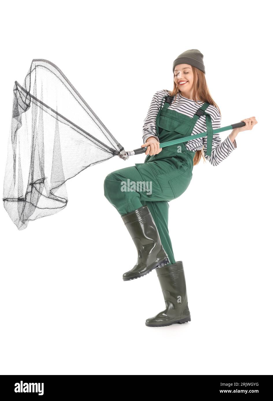 Happy fisherwoman with landing net on white background Stock Photo - Alamy