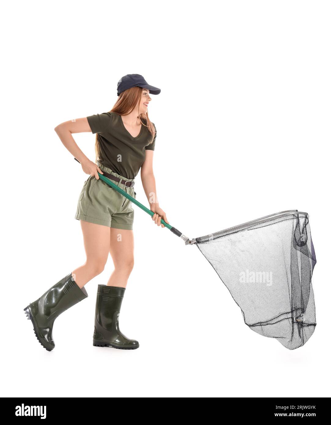 Fisherwoman with landing net on white background Stock Photo - Alamy