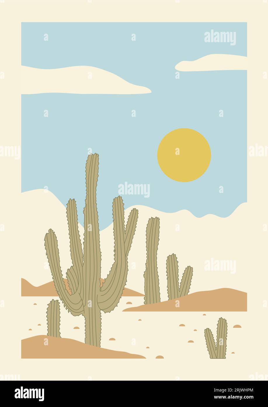 Aesthetic Arizona desert bush landscape poster illustration Stock ...