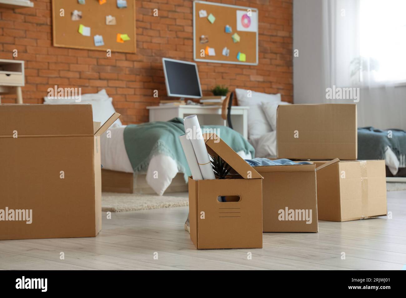Cardboard boxes in dorm room on moving day Stock Photo - Alamy
