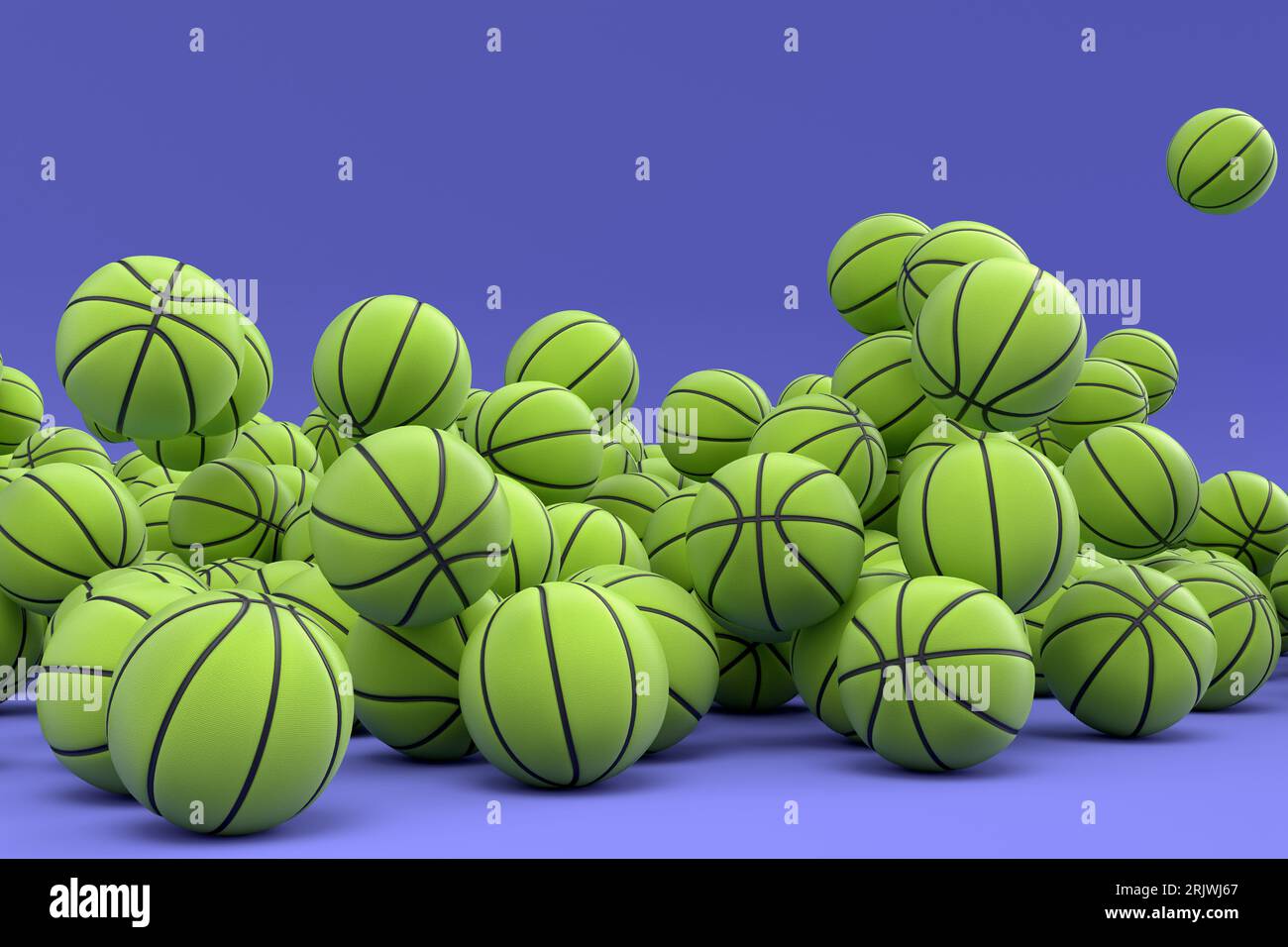 Many of flying green basketball ball falling on violet background. 3d ...