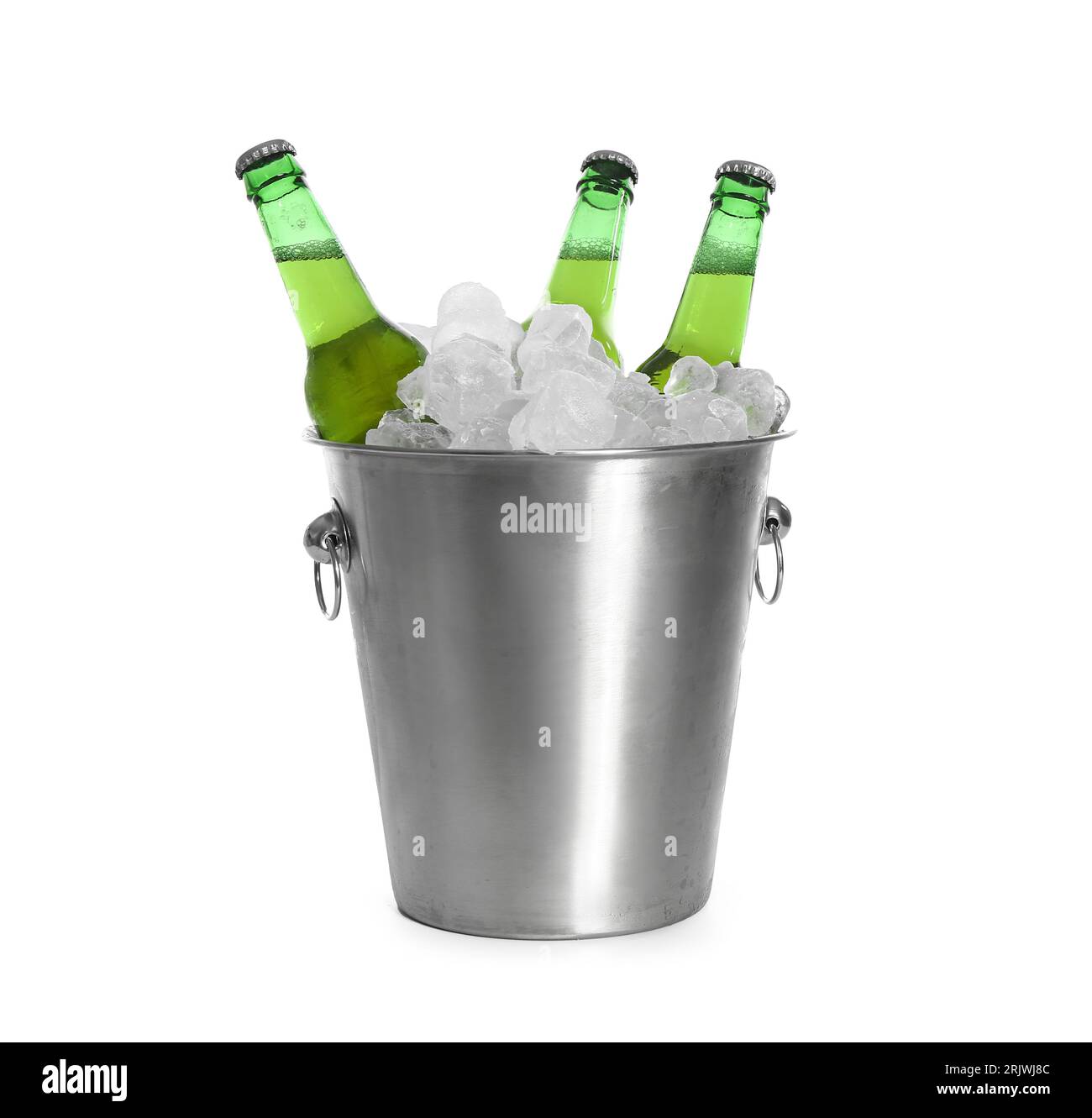 Bucket with bottles of cold beer and ice cubes on white background ...