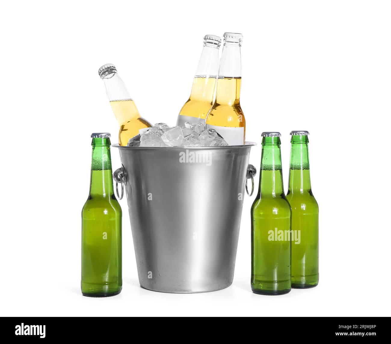 Bucket with bottles of cold beer and ice cubes on white background ...
