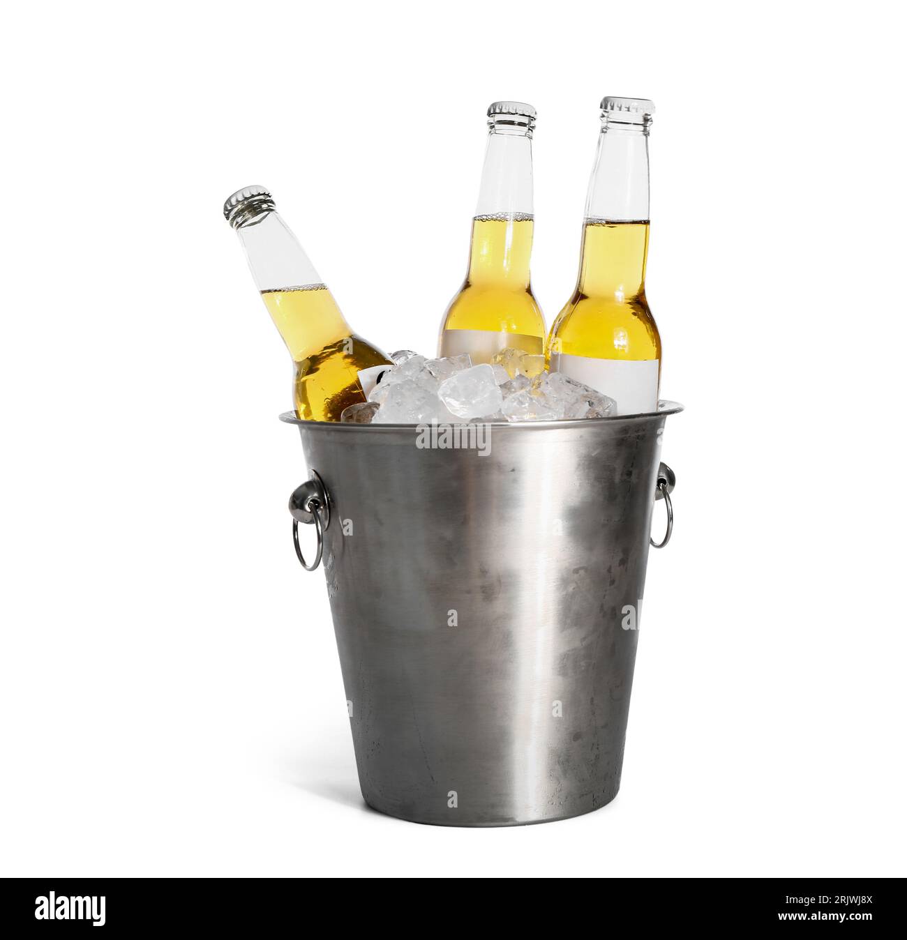Bucket with bottles of cold beer and ice cubes on white background ...