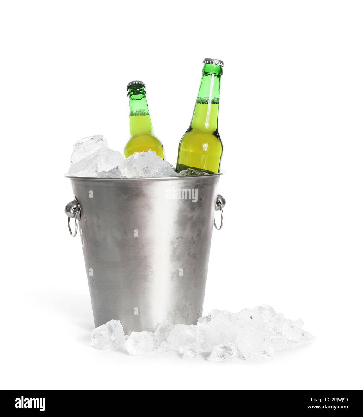Bucket with bottles of cold beer and ice cubes on white background ...