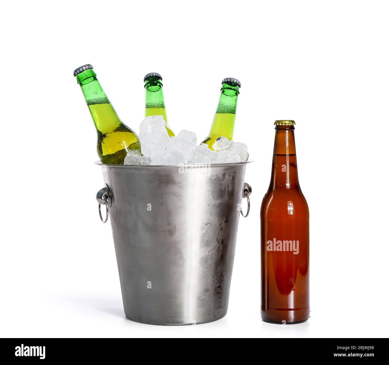 Bucket with bottles of cold beer and ice cubes on white background ...
