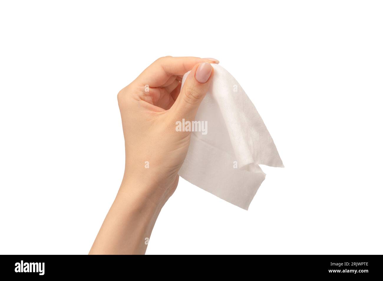 Wet wipe in a woman hand isolated on a white background. Washing hands ...