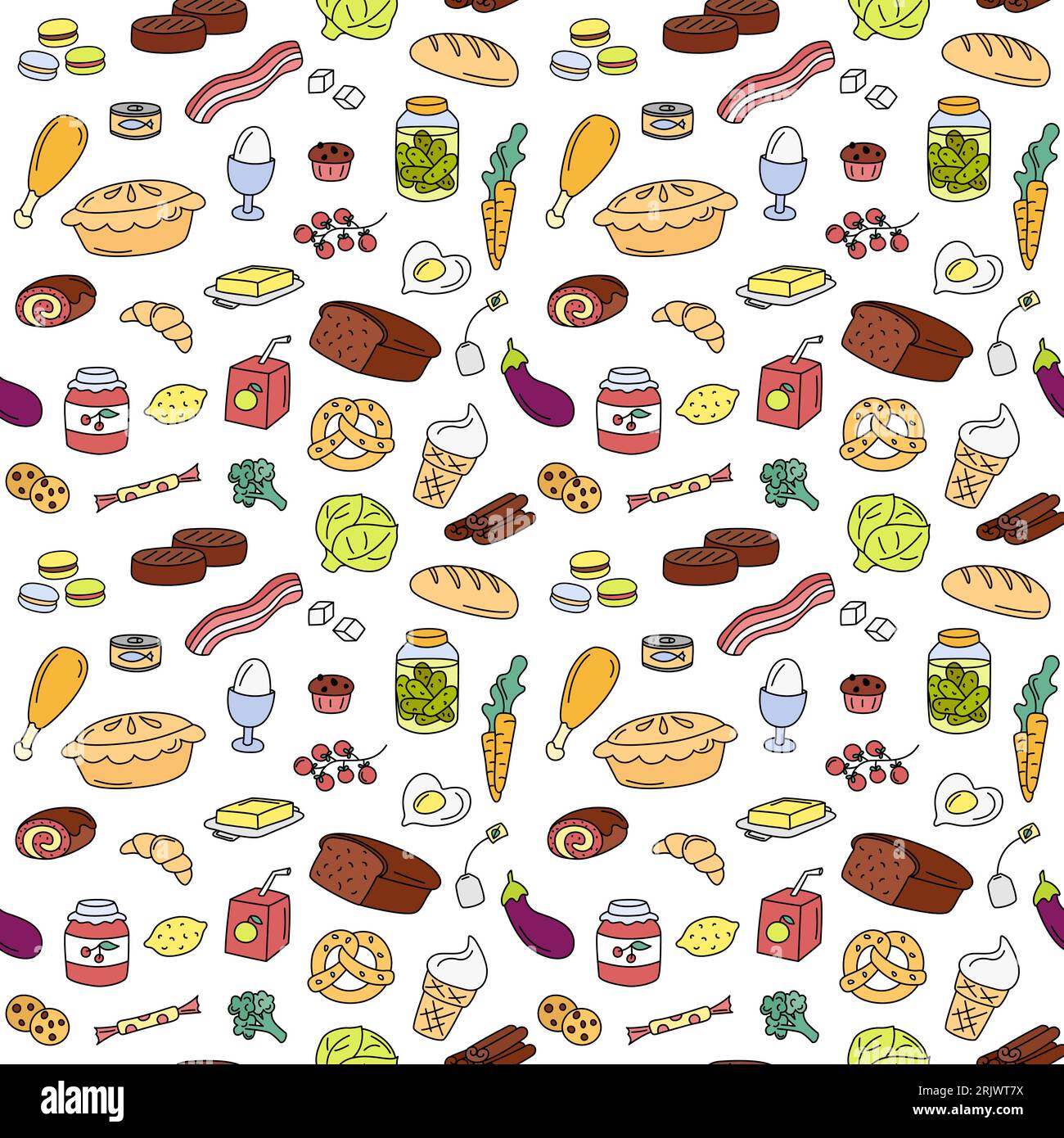 Food seamless pattern. Colorful doodle meal elements on white ...