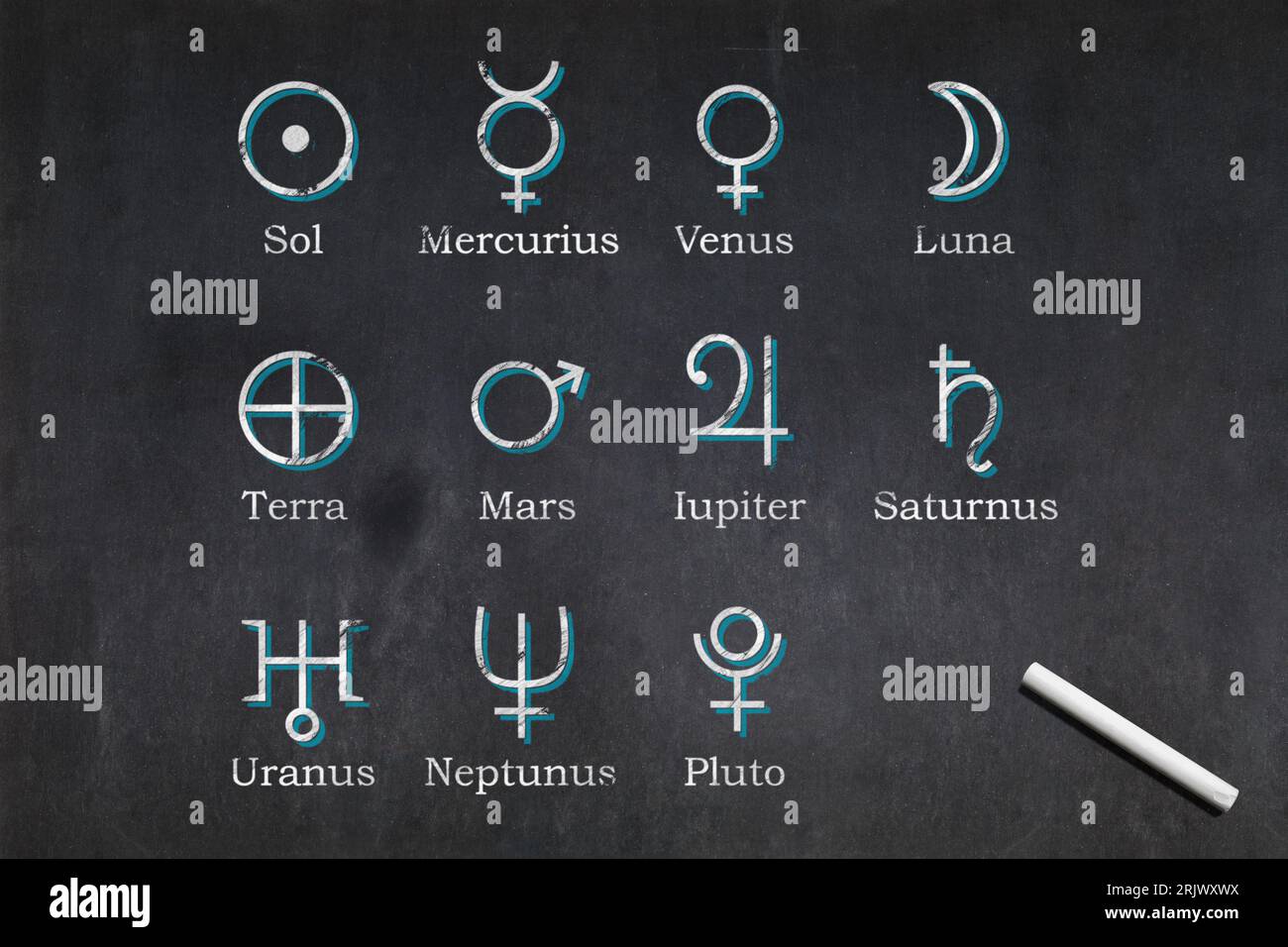 Blackboard with the astrology planet glyphs and their names drawn in ...
