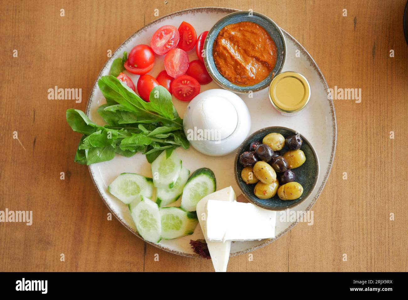 turkish breakfast of cheese, cucumber, egg, olive and tomato Stock ...