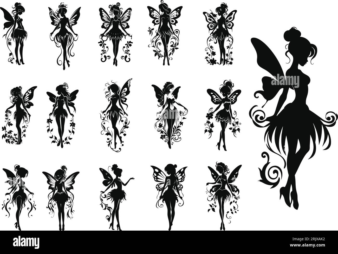 Cute Fairies silhouette collection, Little fairies set. Hand drawn ...