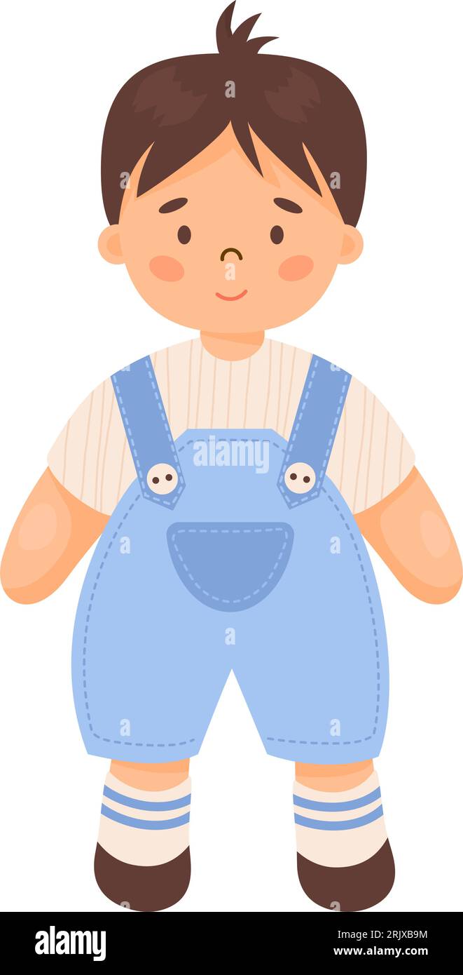 Children toy doll. Cute boy in blue overalls. Vector illustration in ...
